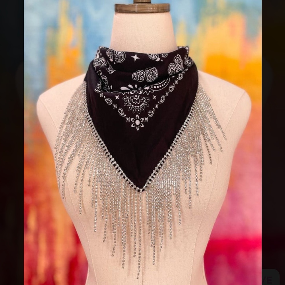 Black Rhinestone Fringe Bandana - Gem